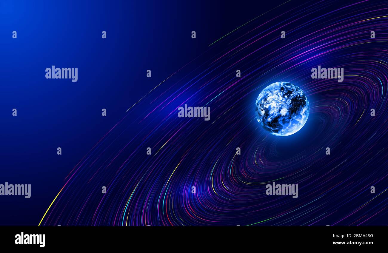 Glowing digital earth, cosmic swirl of particle flow, big data ...