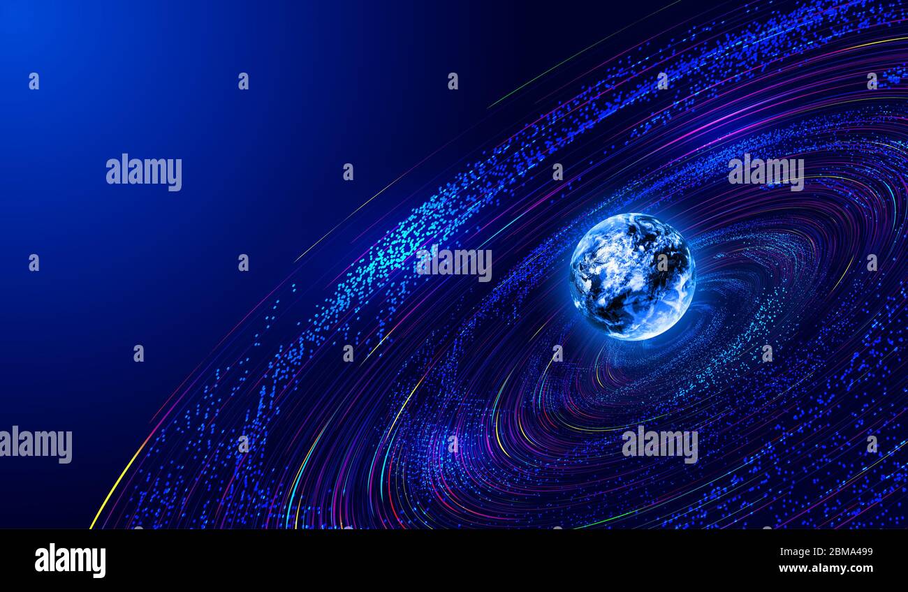 Glowing digital earth, cosmic swirl of particle flow, big data ...