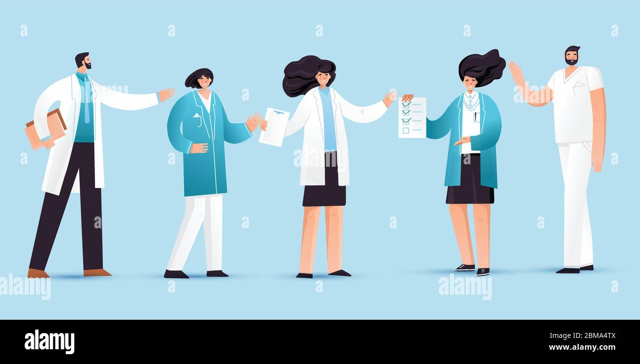 Vector flat illustration of professional medic team with pointing ...