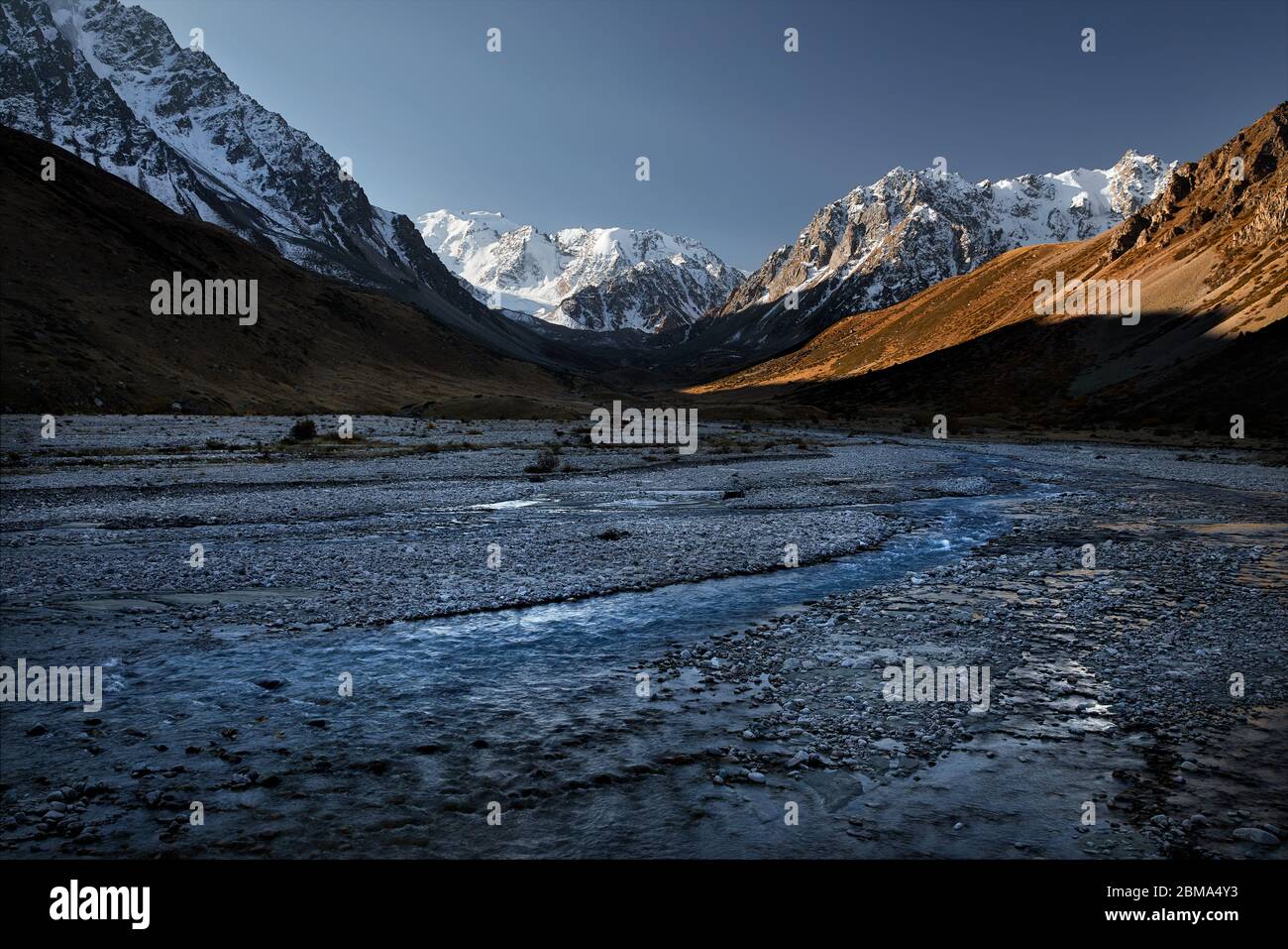 Beautiful landscape of mountain valley and river in Tien Shan ...