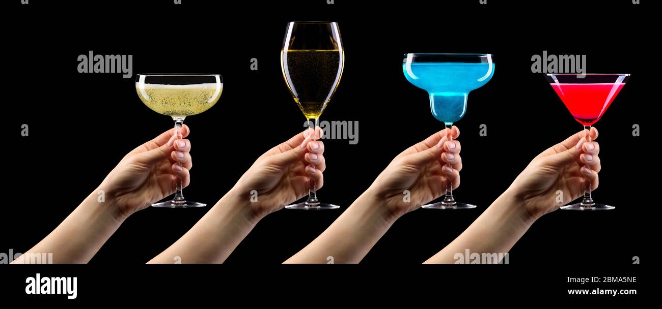 Set of hands holding cocktails isolated on black background Stock Photo ...