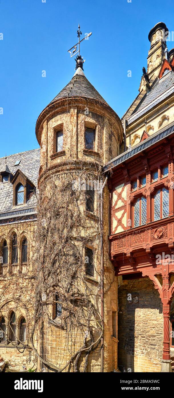 A medieval tower in the inner courtyard of Wernigerode Castle. Germany ...