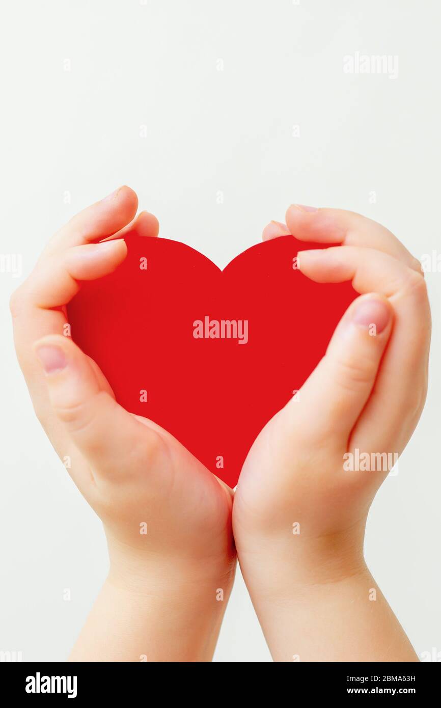 Closeup of paper red heart in child's hands on white background. Child ...