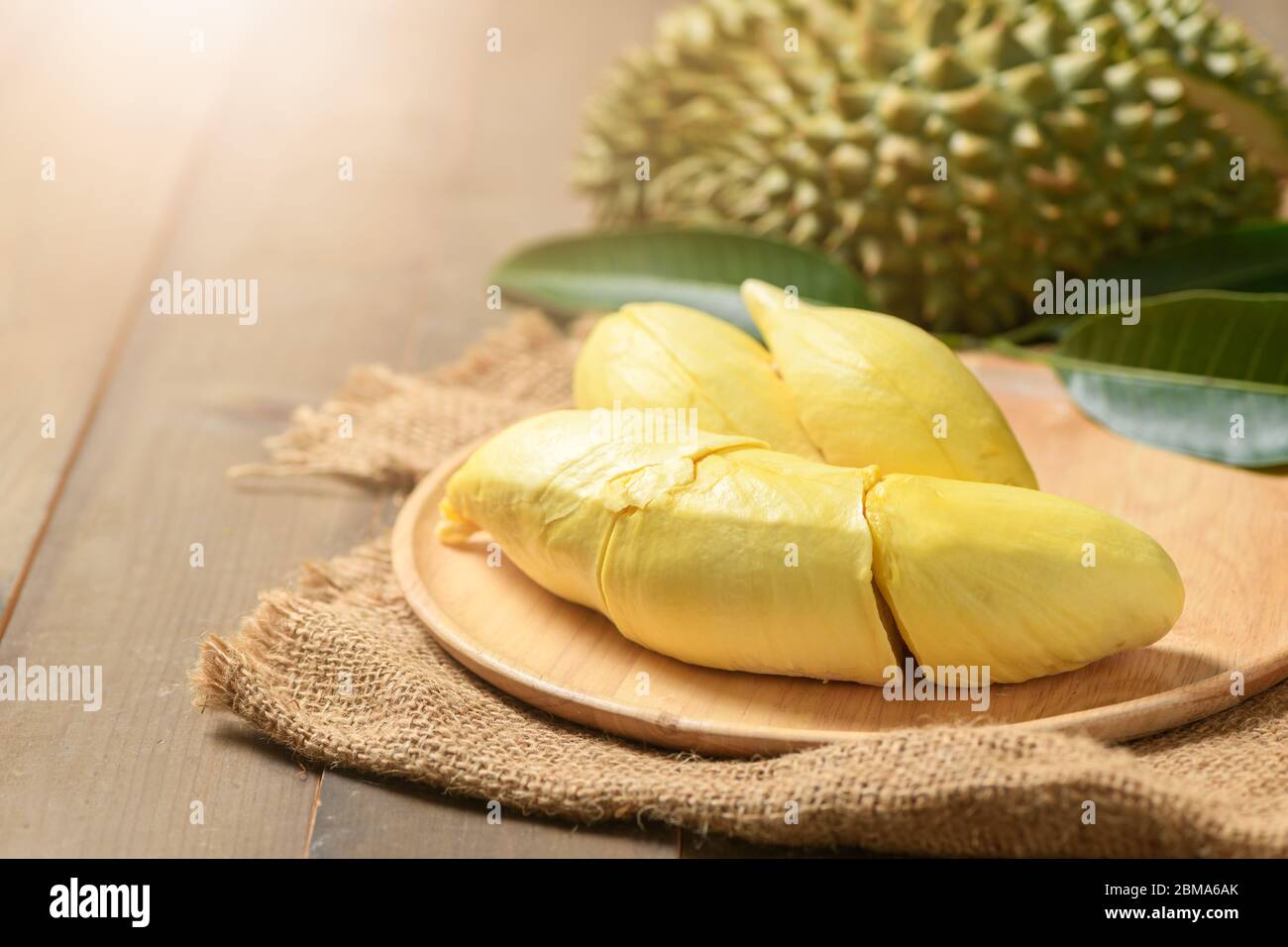 Fresh durian (monthong) on sack and old wood background, king of fruit from Thailand on summer ...