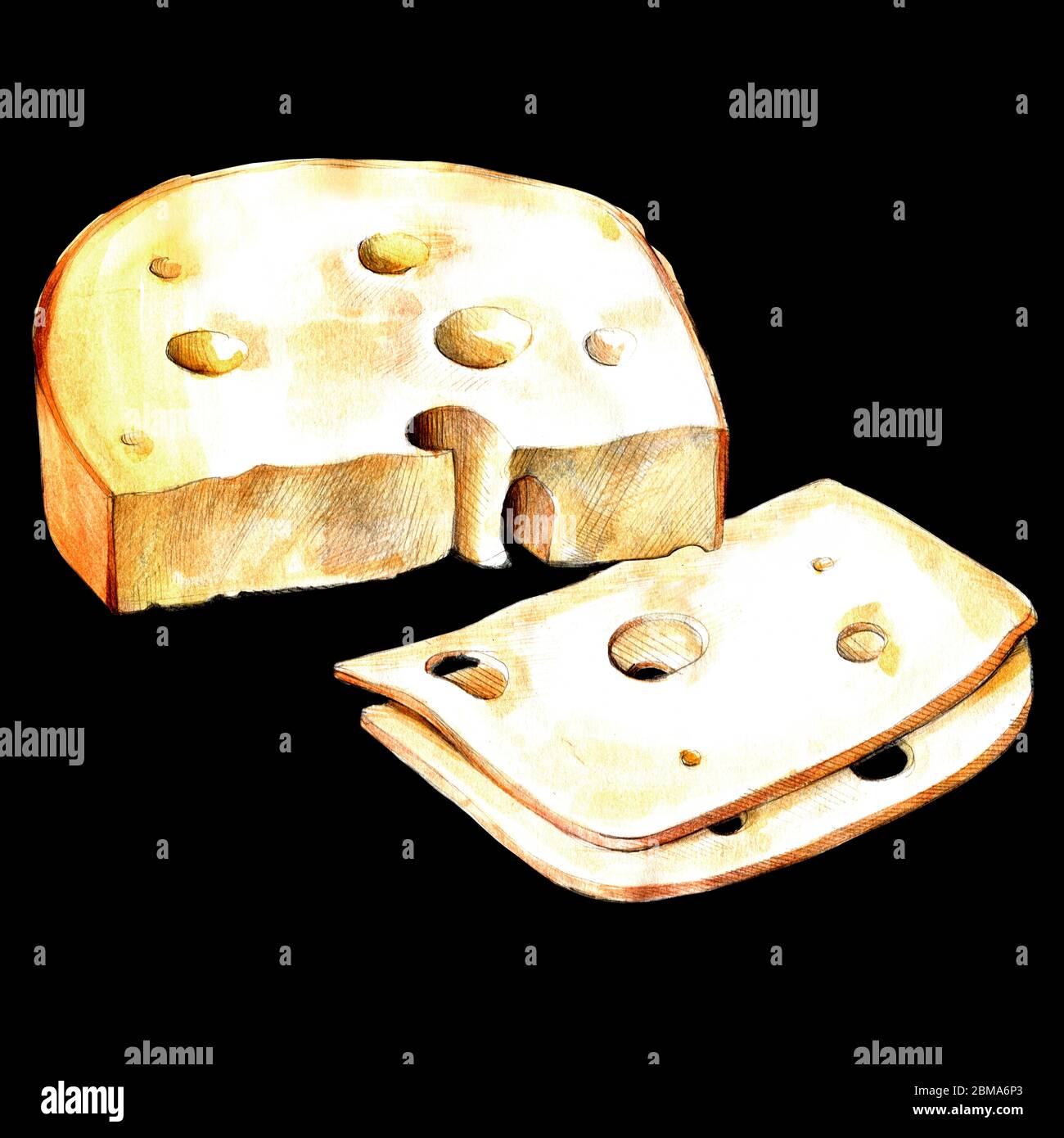 Cheese watercolor illustration on black background Stock Photo - Alamy
