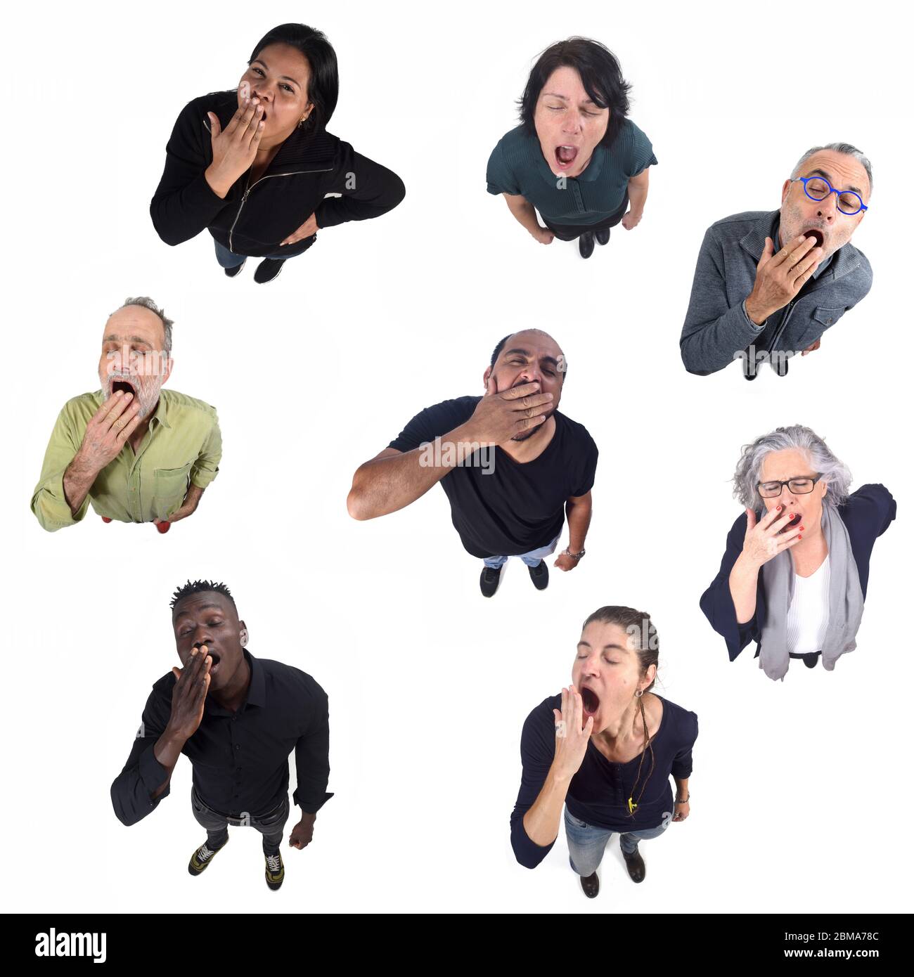 group of people yawning on white background Stock Photo - Alamy