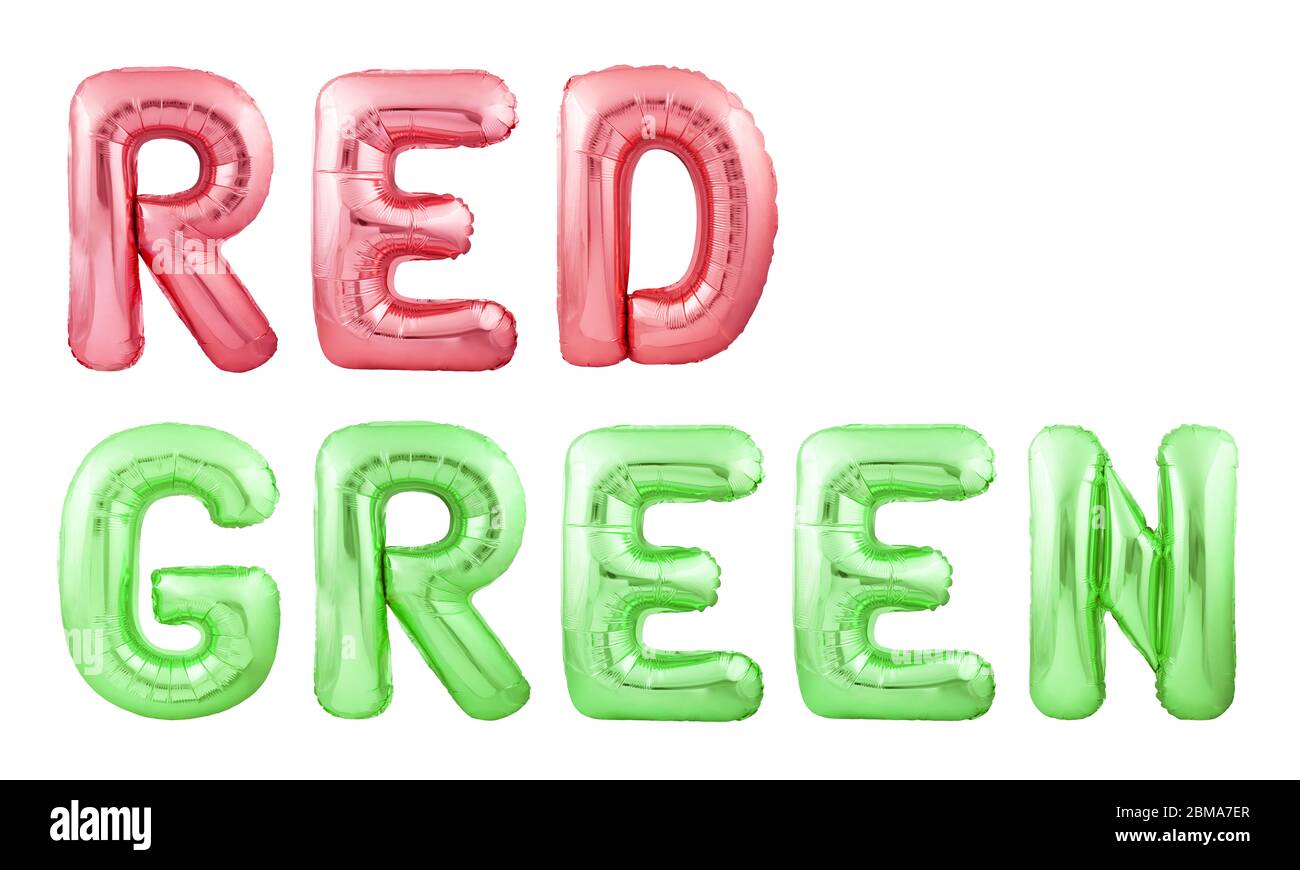 Red and green words made of inflatable balloons isolated on white ...