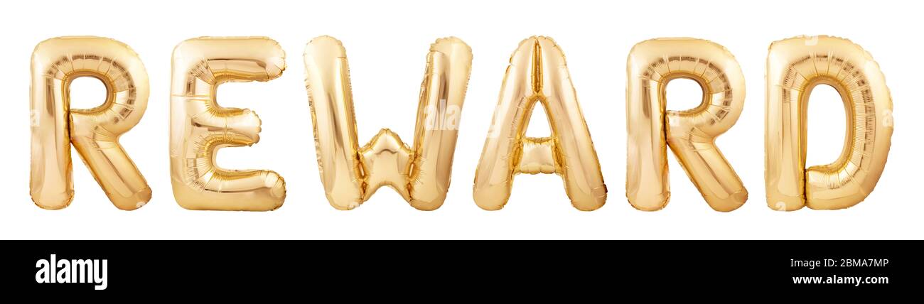 Reward word made of golden inflatable balloons isolated on white ...