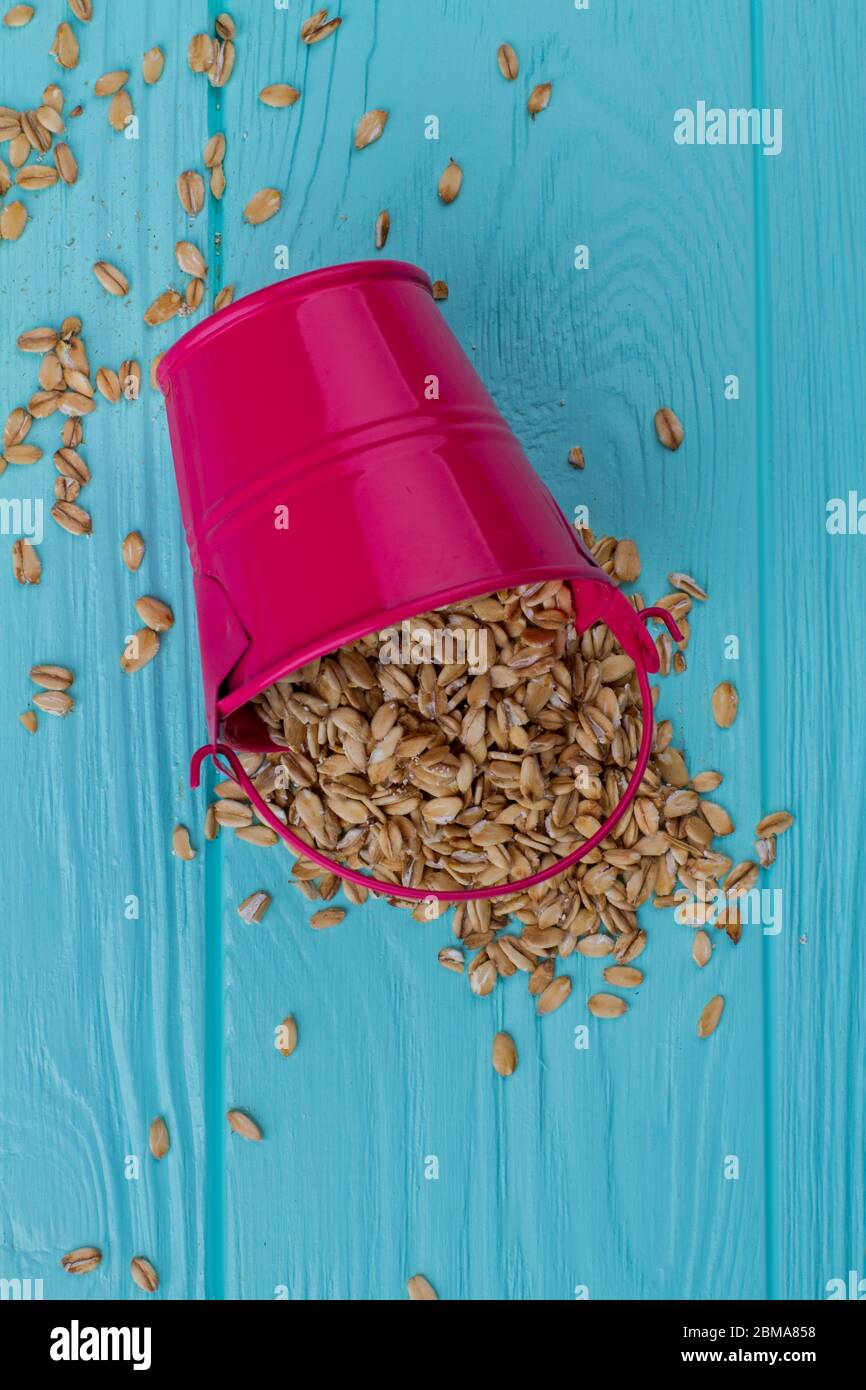 Fallen pink bucket with poured out wheats Stock Photo - Alamy
