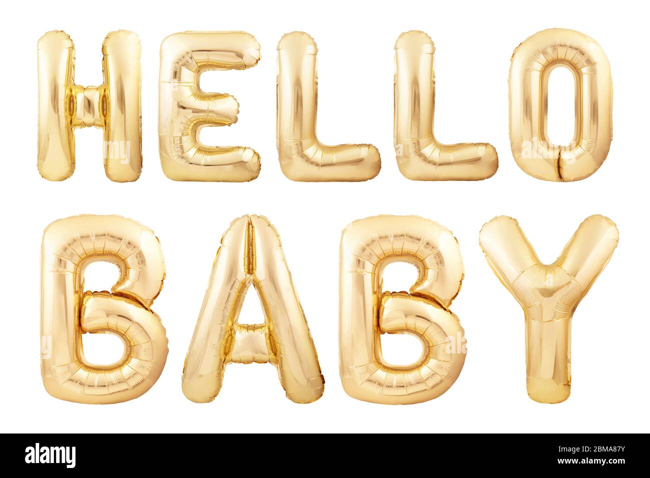 Hello baby phrase made of golden foil party balloons isolated on white ...