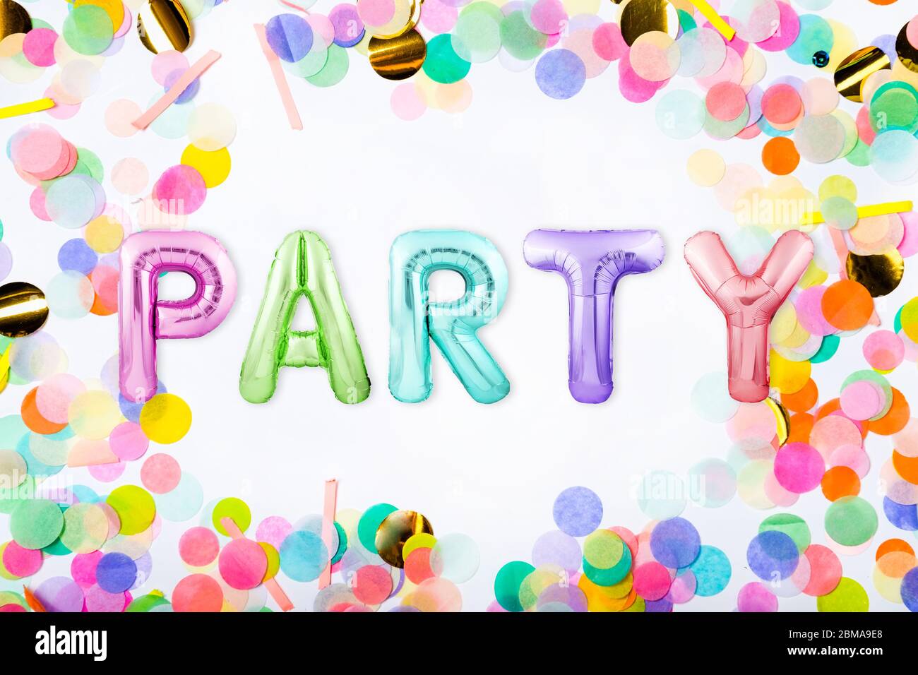 Word PARTY made of colorful inflatable balloon letters in frame made of ...