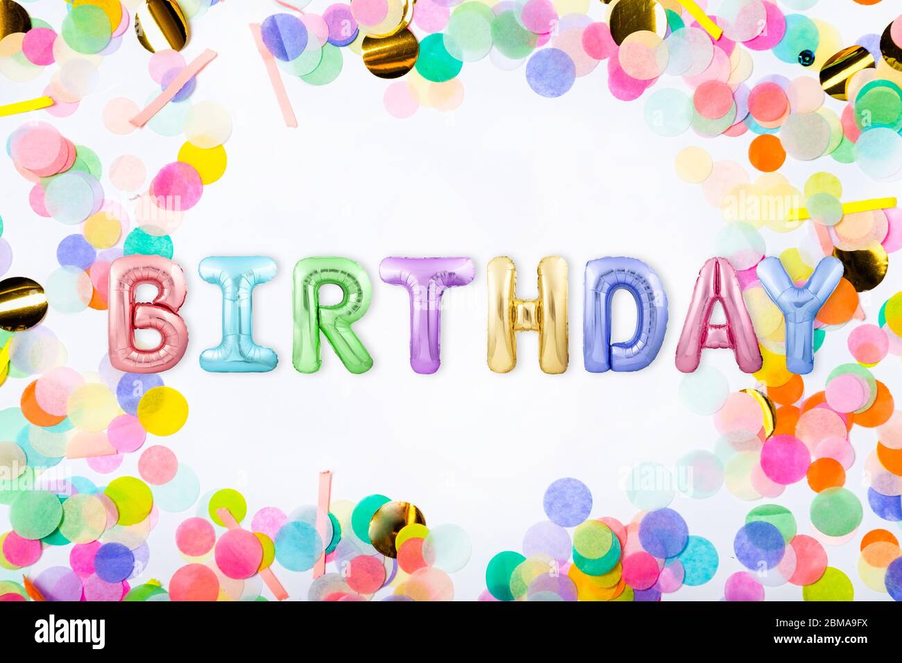 Word BIRTHDAY made of colorful inflatable balloon letters in a frame ...