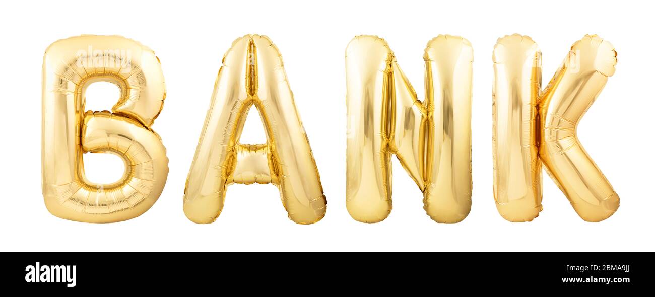 Word bank made of golden inflatable balloons isolated on white ...