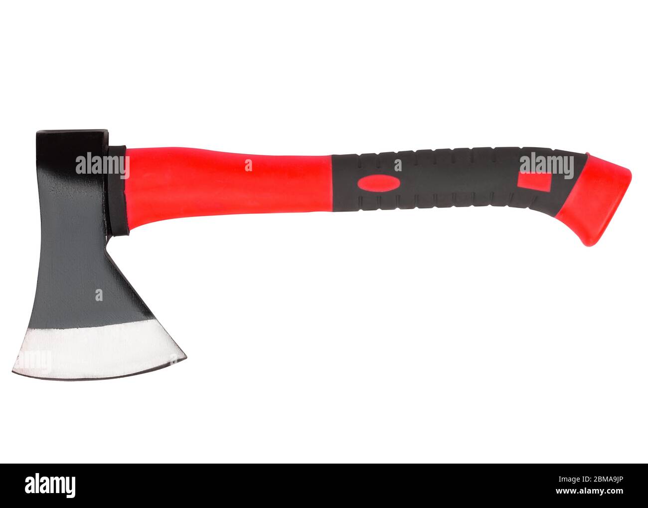 Ax with a red rubber handle isolated on a white background. Horizontal ...