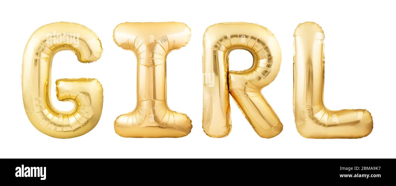 Word GIRL made of golden inflatable balloon letters isolated on white ...