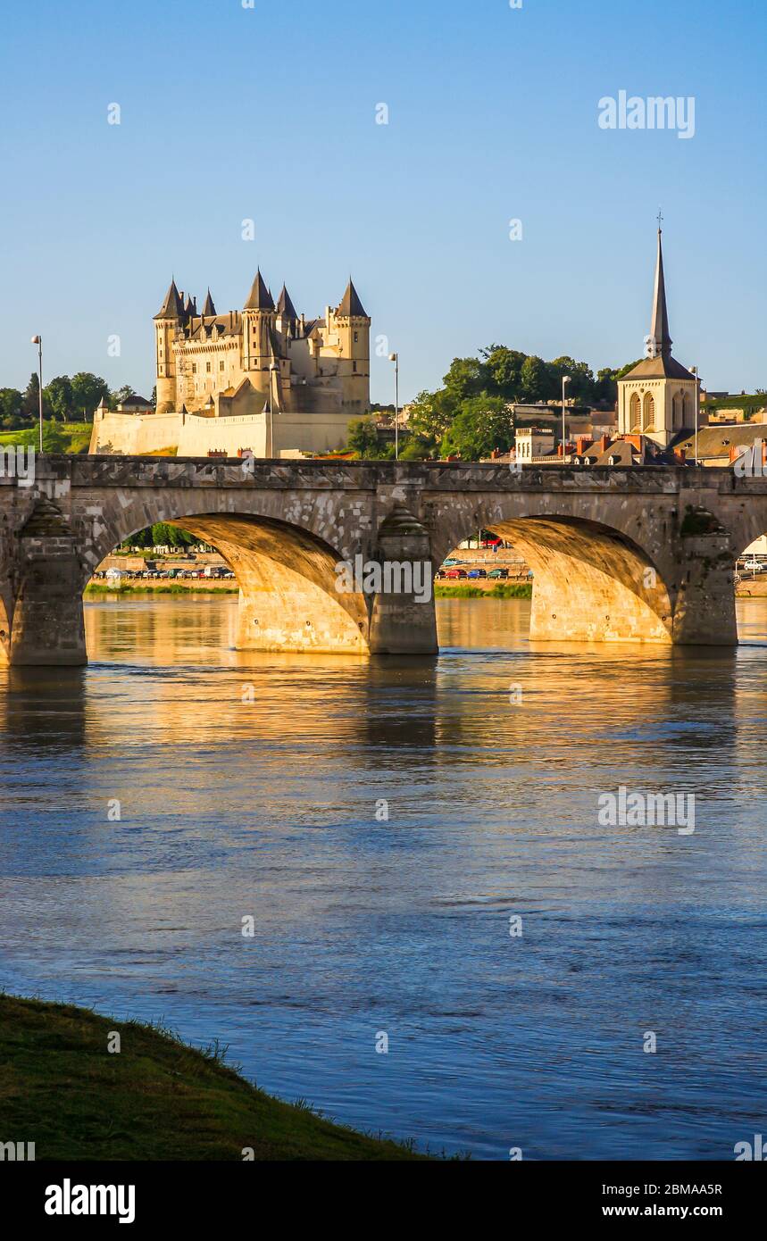 View of Castle, bridge & Loire river, Saumur, Main-et-Loire, France ...
