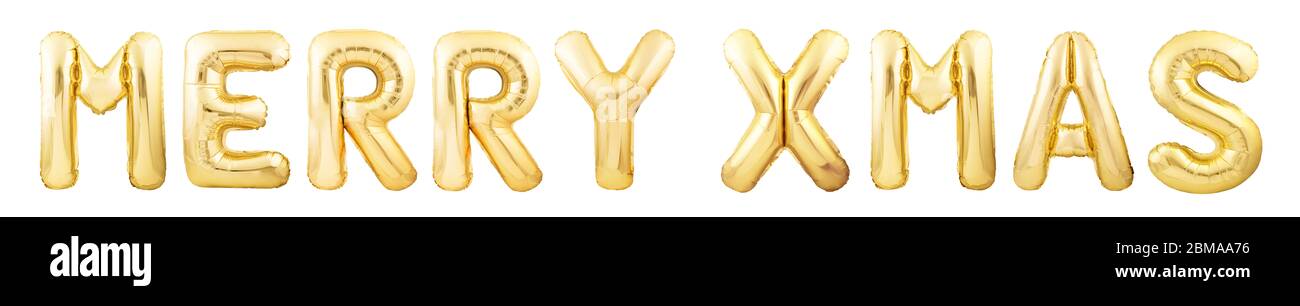 Words MERRY XMAS xmas made of golden inflatable balloons isolated on ...