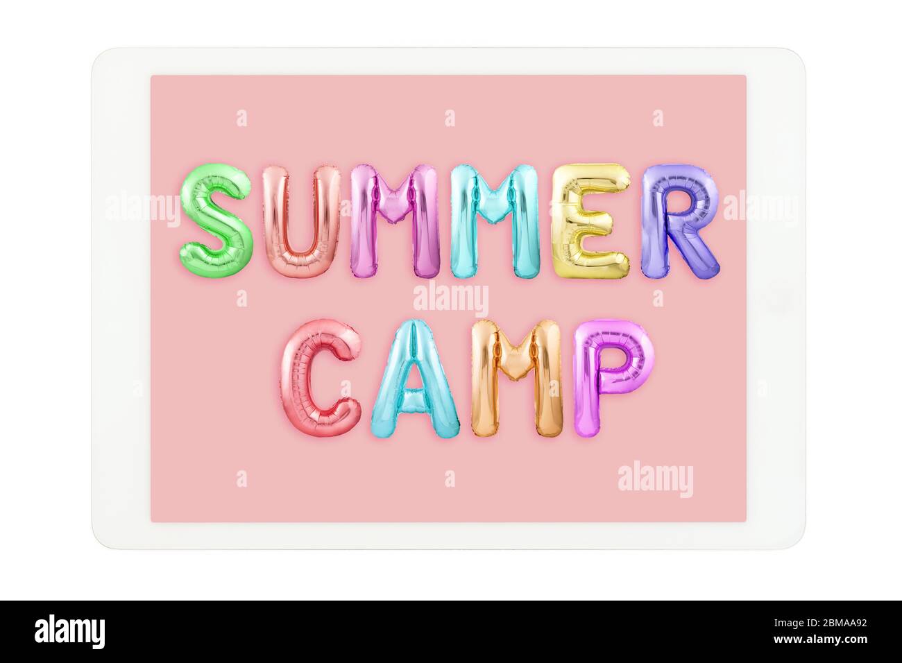 White tablet pc with colorful SUMMER CAMP words made of inflatable ...
