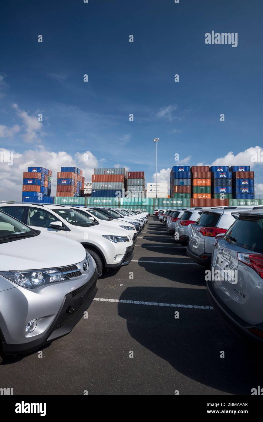 Cars parked on commercial dock ready for export Stock Photo - Alamy