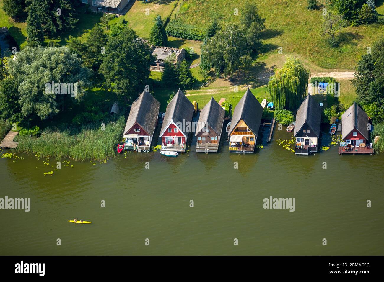 , Boat Houses on the Western shore of Lake Mirower See in Mirow, 24.07. ...