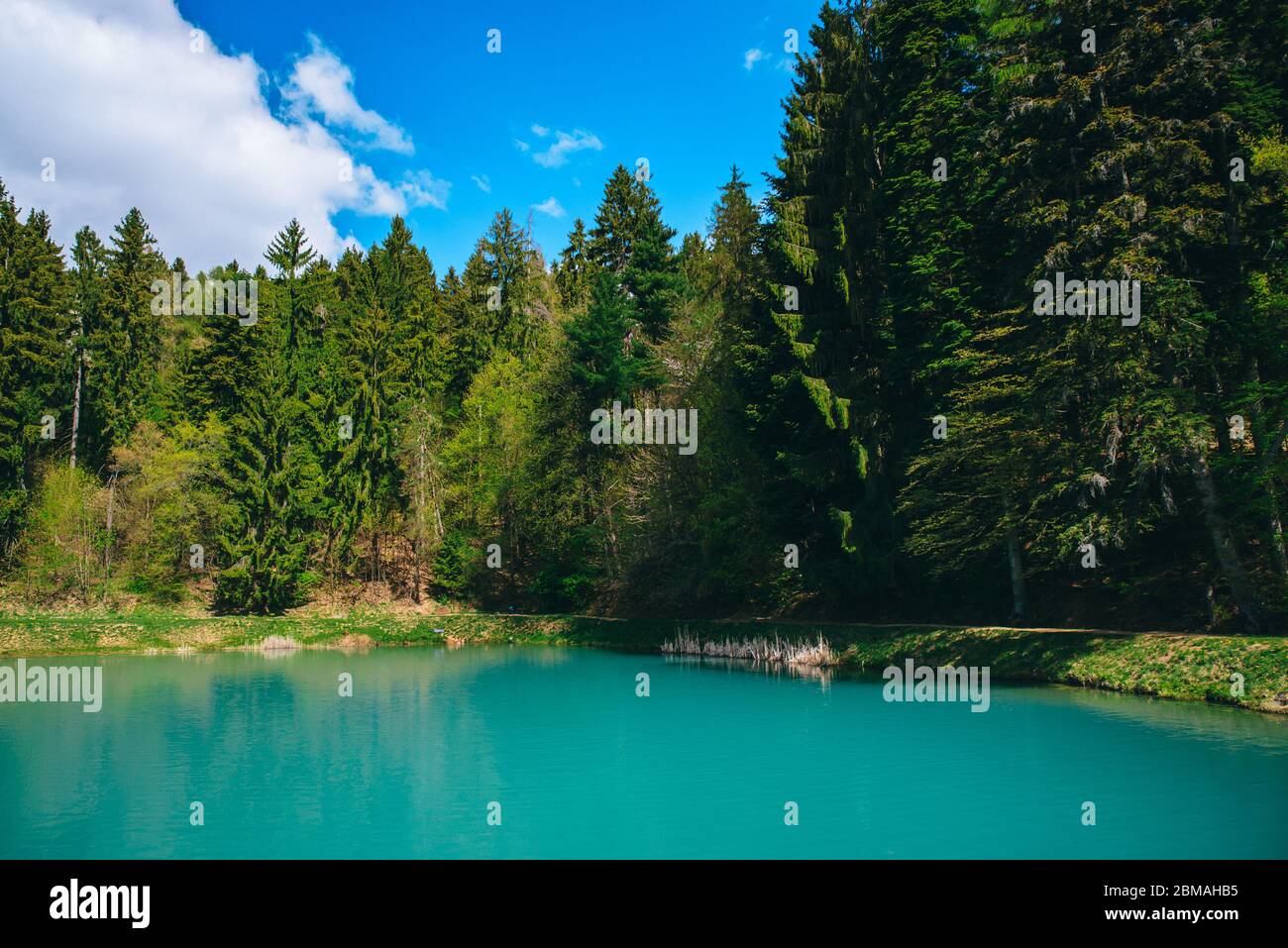Turquoise color water in clear spring lake in sunny day. Wonderful ...