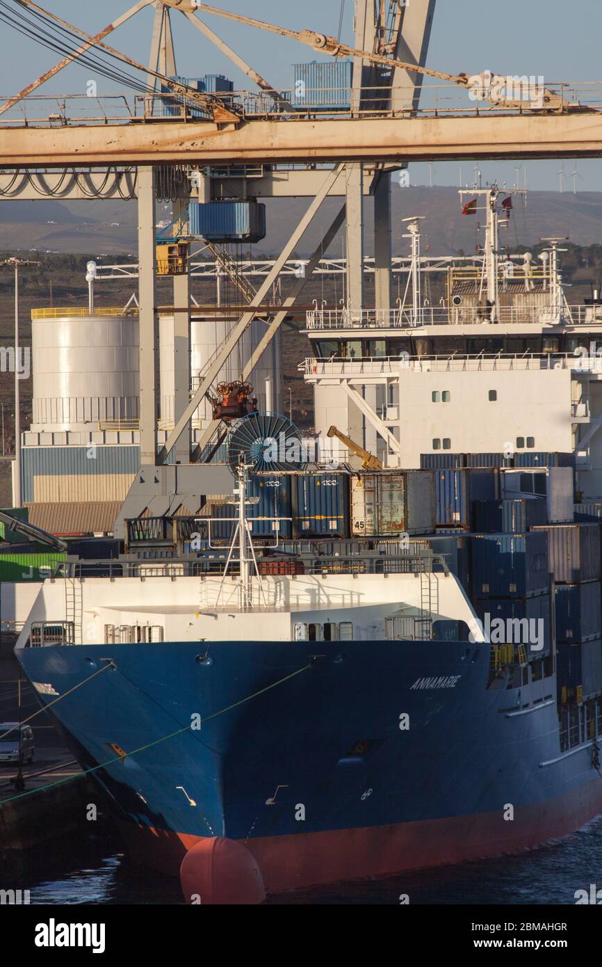 Island of Lanzarote, Spain. Picturesque view of a container ship being ...