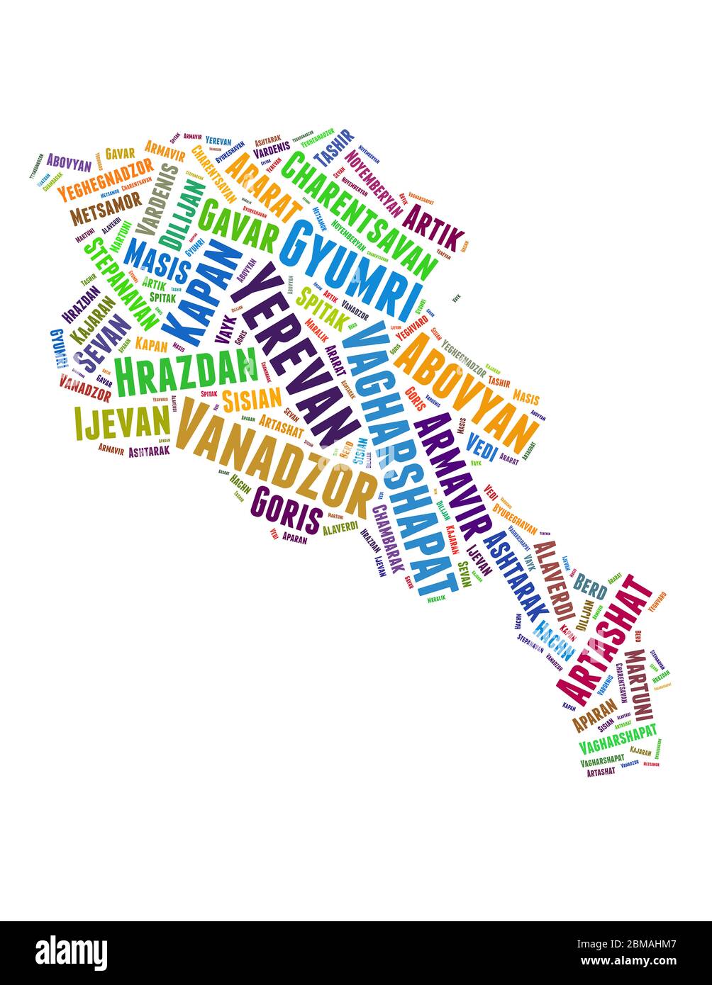 Armenia map and list of cities word cloud concept on white background ...