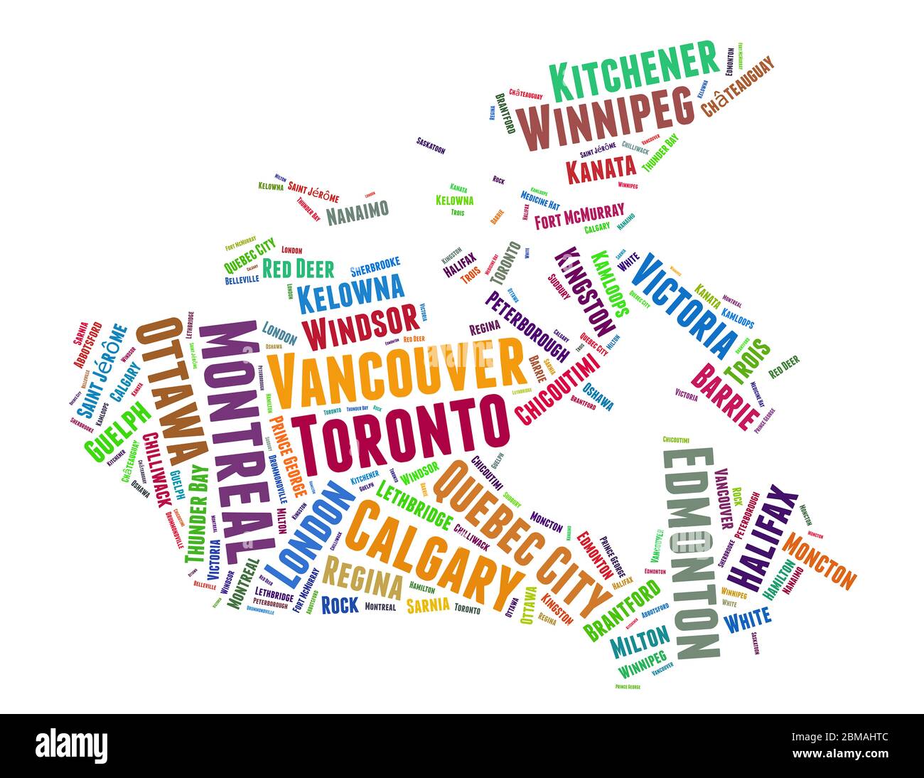 Canada map and list of cities word cloud concept on white background ...