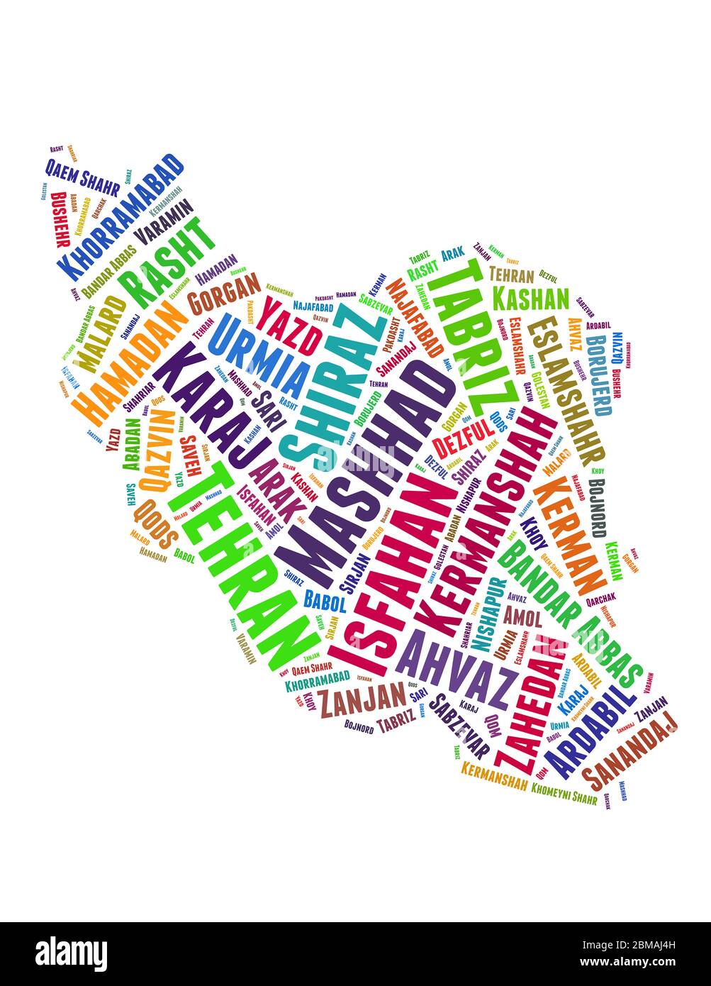 Iran map and list of cities word cloud concept on white background ...