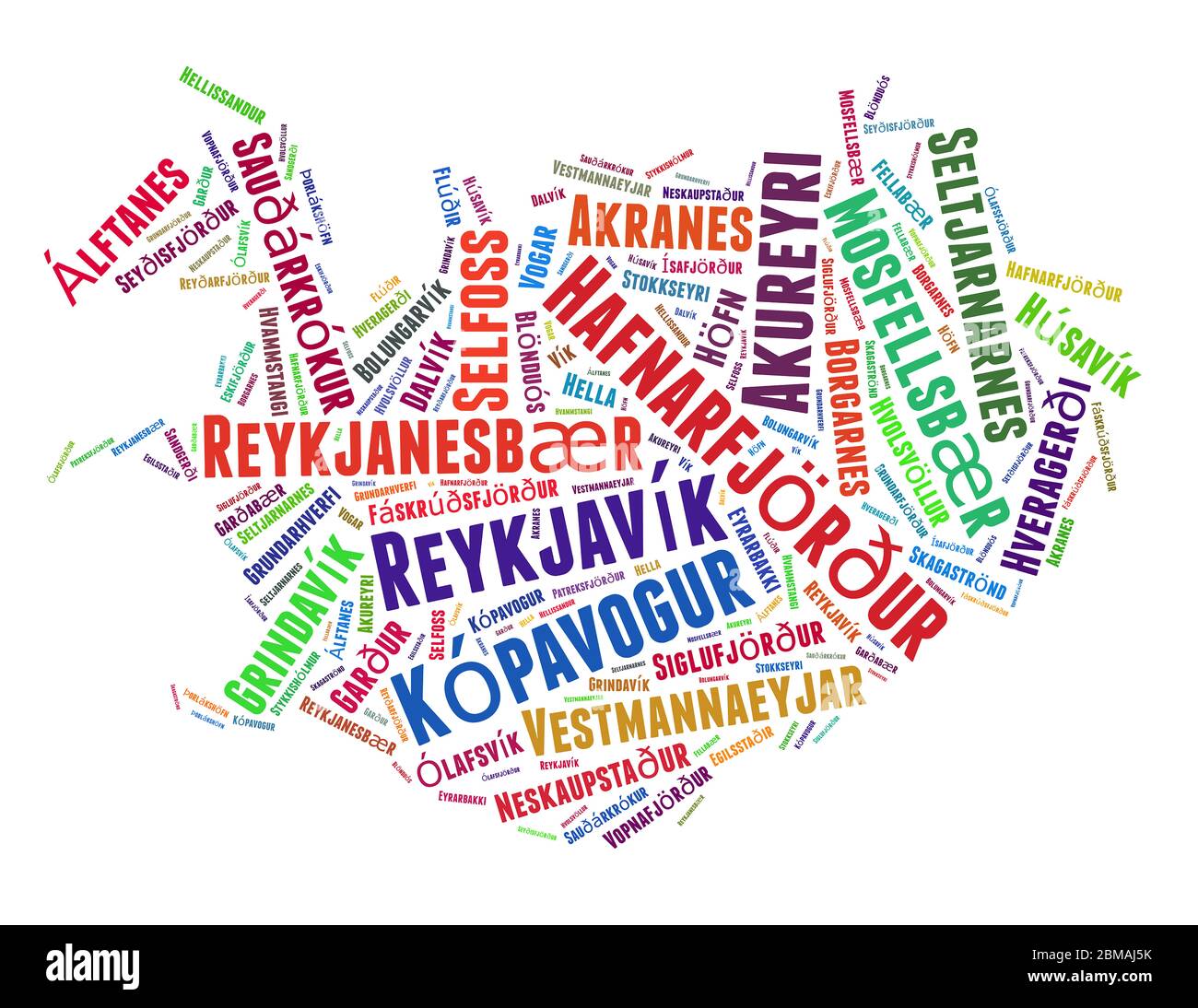 Iceland map and list of cities word cloud concept on white background ...