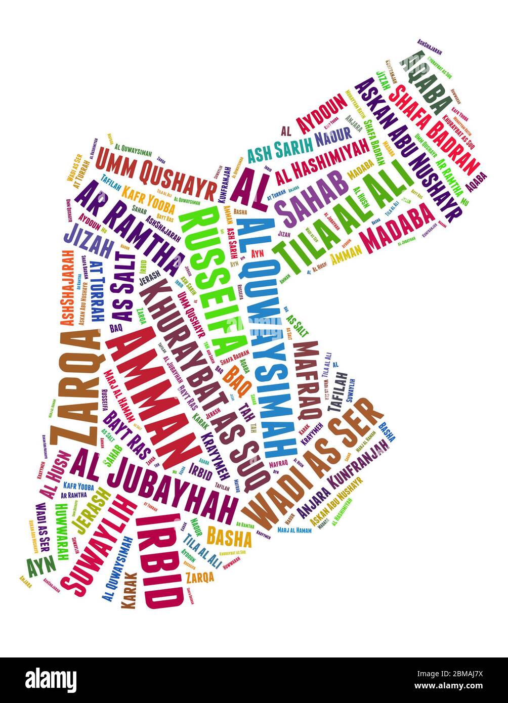 Jordan map and list of cities word cloud concept on white background ...