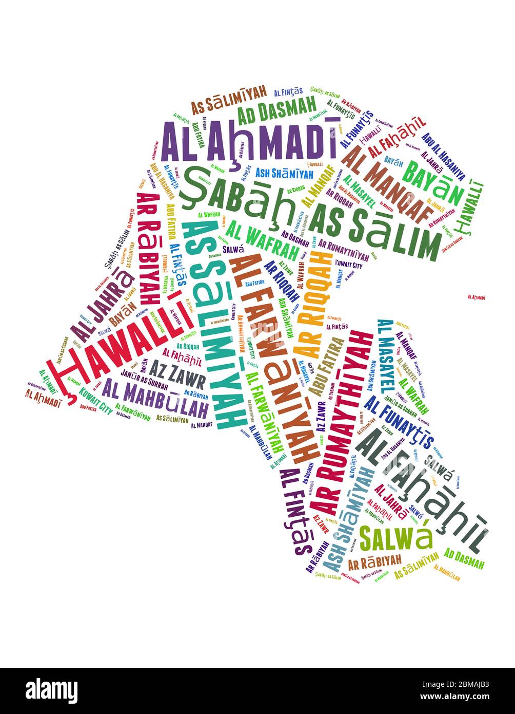 Kuwait map and list of cities word cloud concept on white background ...