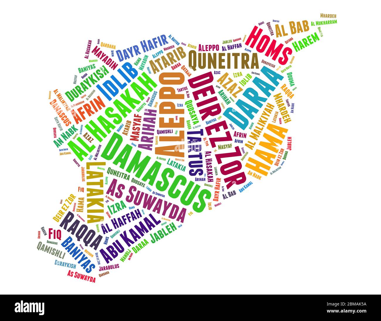 Syria map and list of cities word cloud concept on white background ...