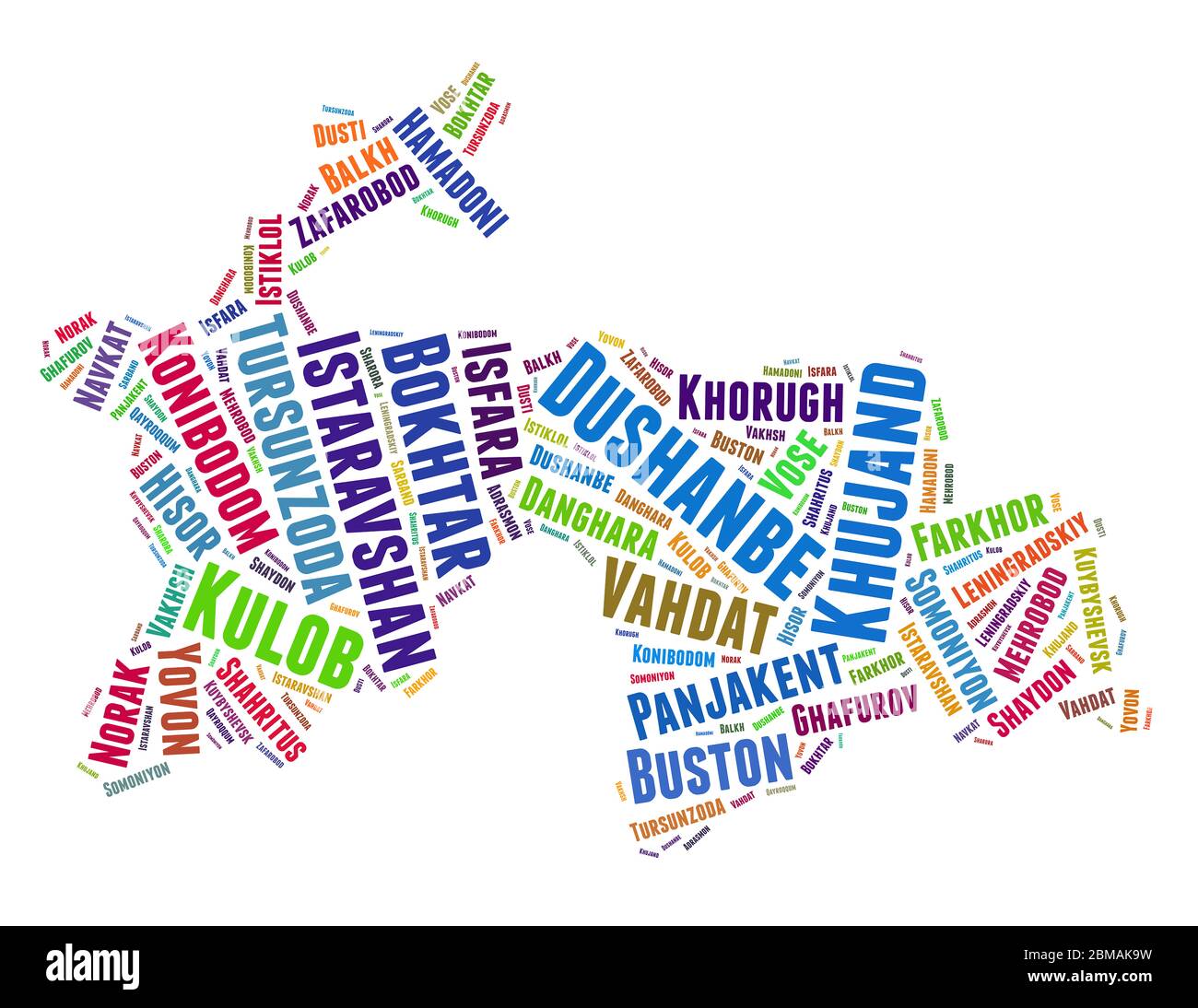 Tajikistan map and list of cities word cloud concept on white ...