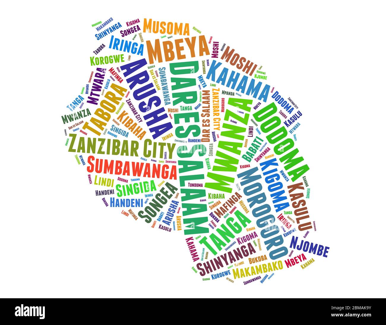 Tanzania map and list of cities word cloud concept on white background ...