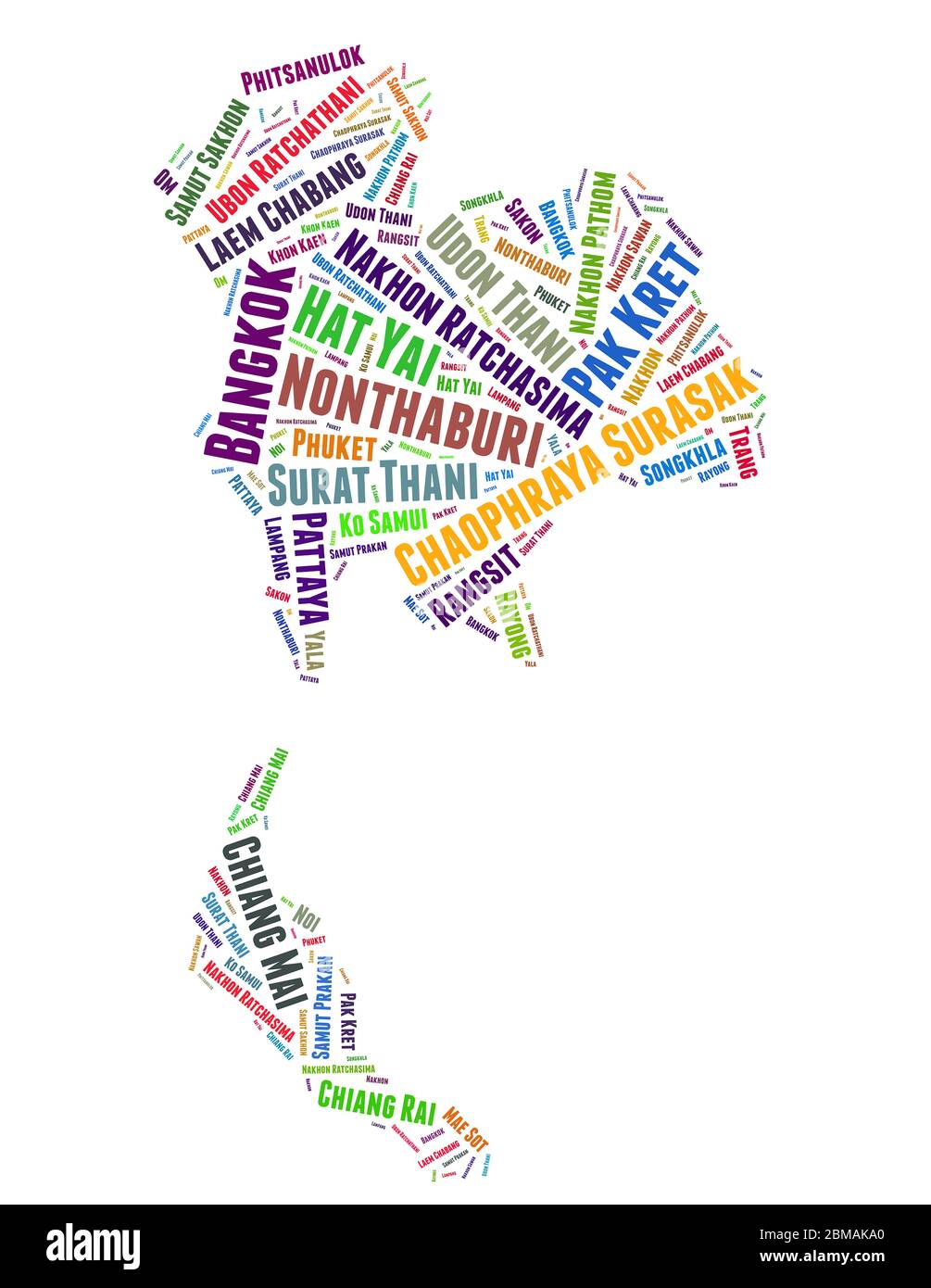 Thailand map and list of cities word cloud concept on white background ...
