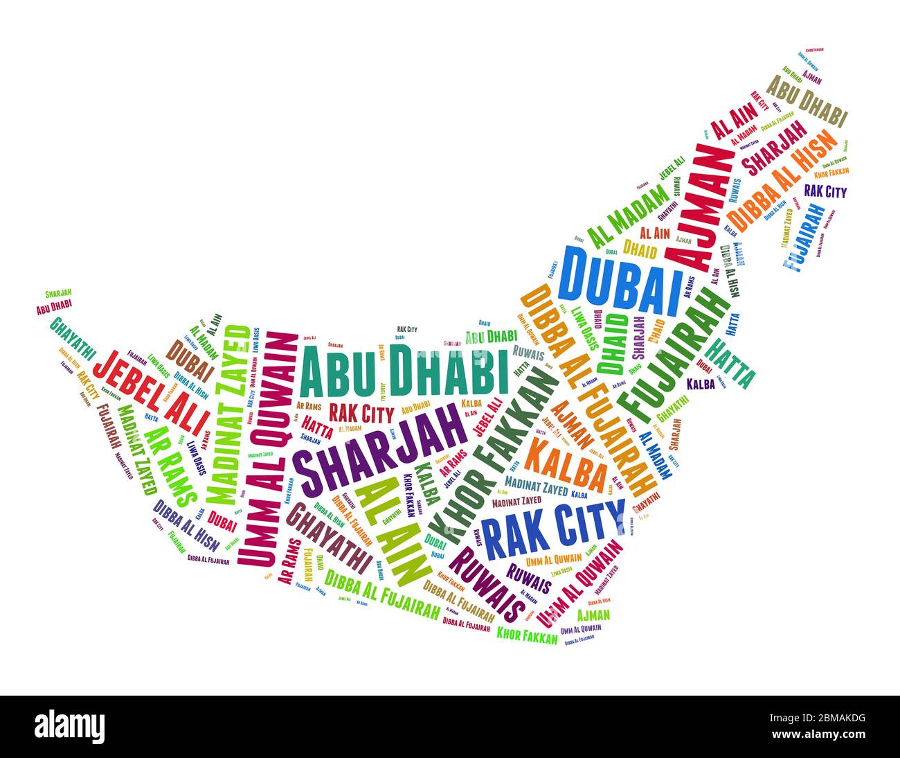 United Arab Emirates map and list of cities word cloud concept on white ...