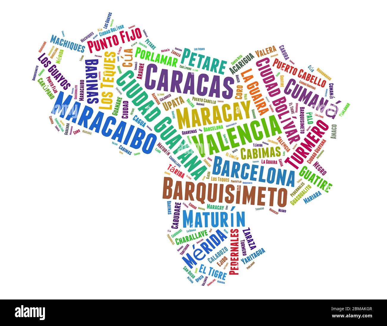 Venezuela map and list of cities word cloud concept on white background ...