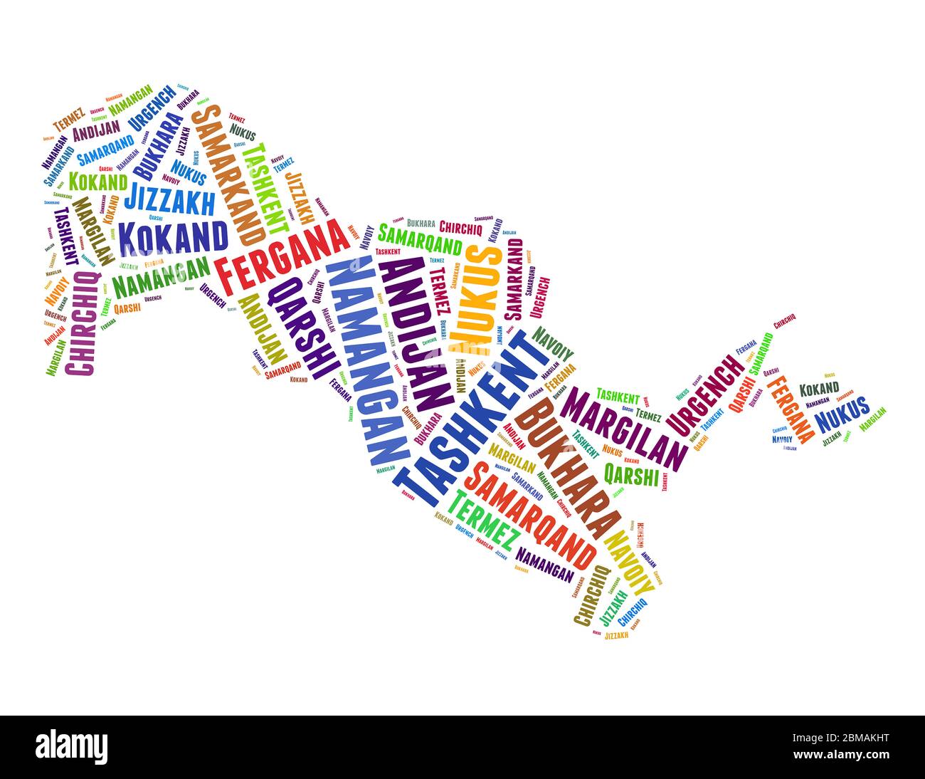 Uzbekistan map and list of cities word cloud concept on white ...