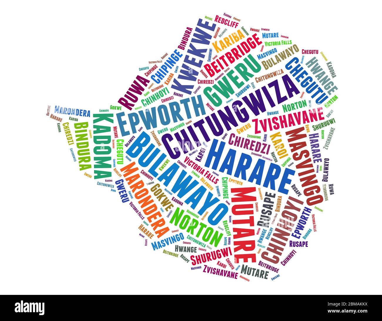 Zimbabwe map and list of cities word cloud concept on white background ...