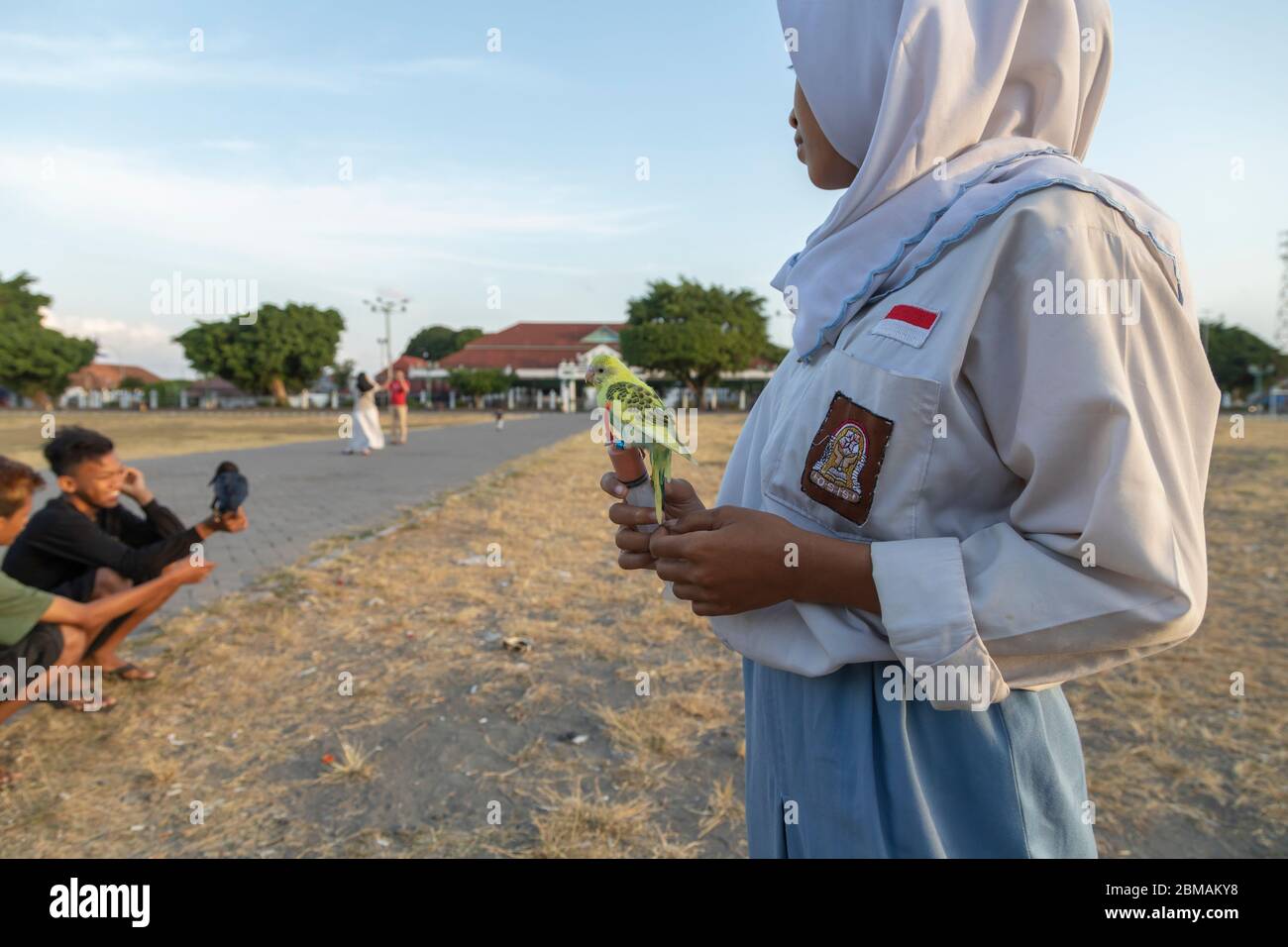 Yogyakarta, Indonesia - July 16, 2019: A young girl observes a group of ...