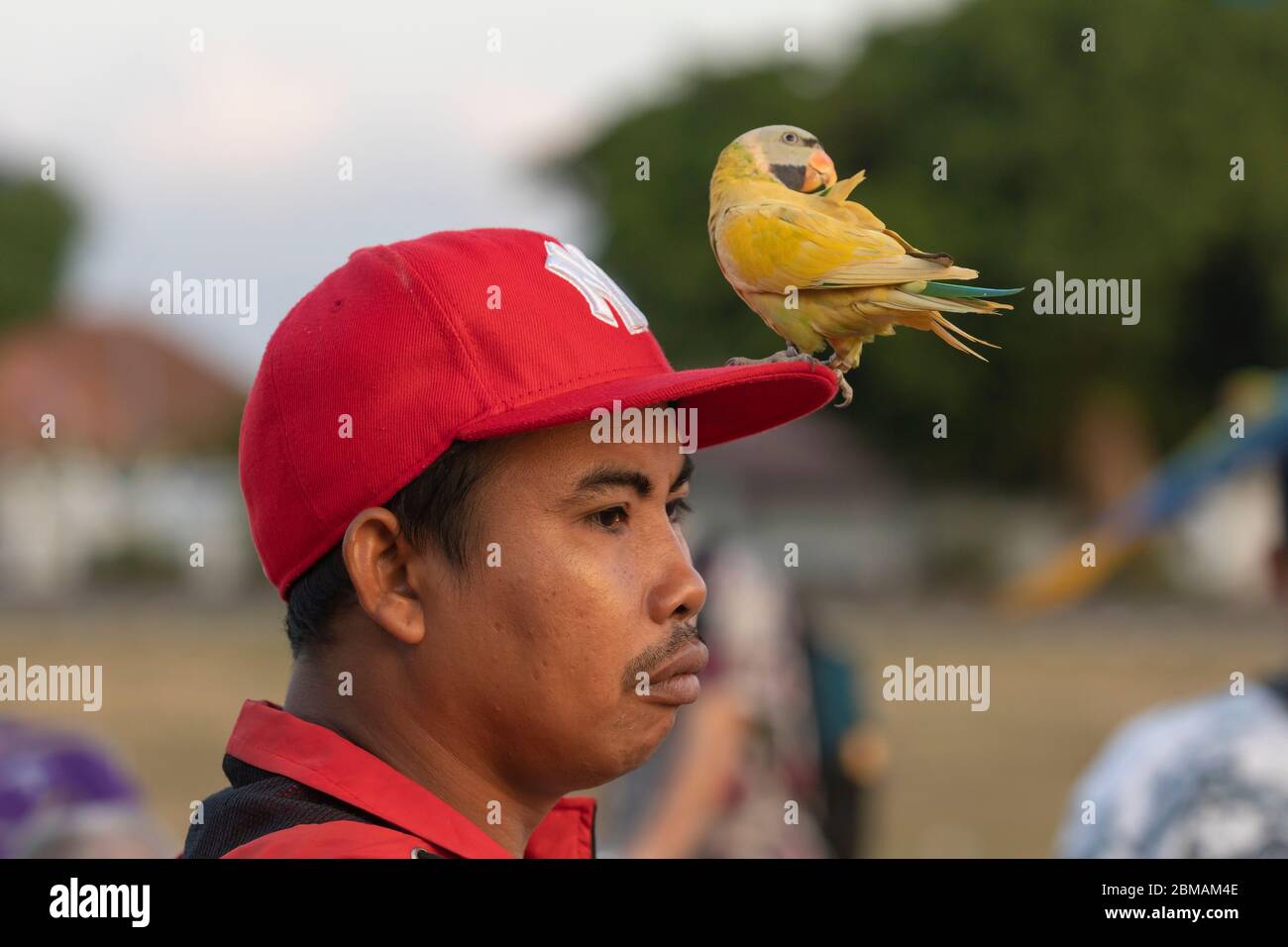 Yogyakarta, Indonesia - July 16, 2019: A young boy carries a playful ...