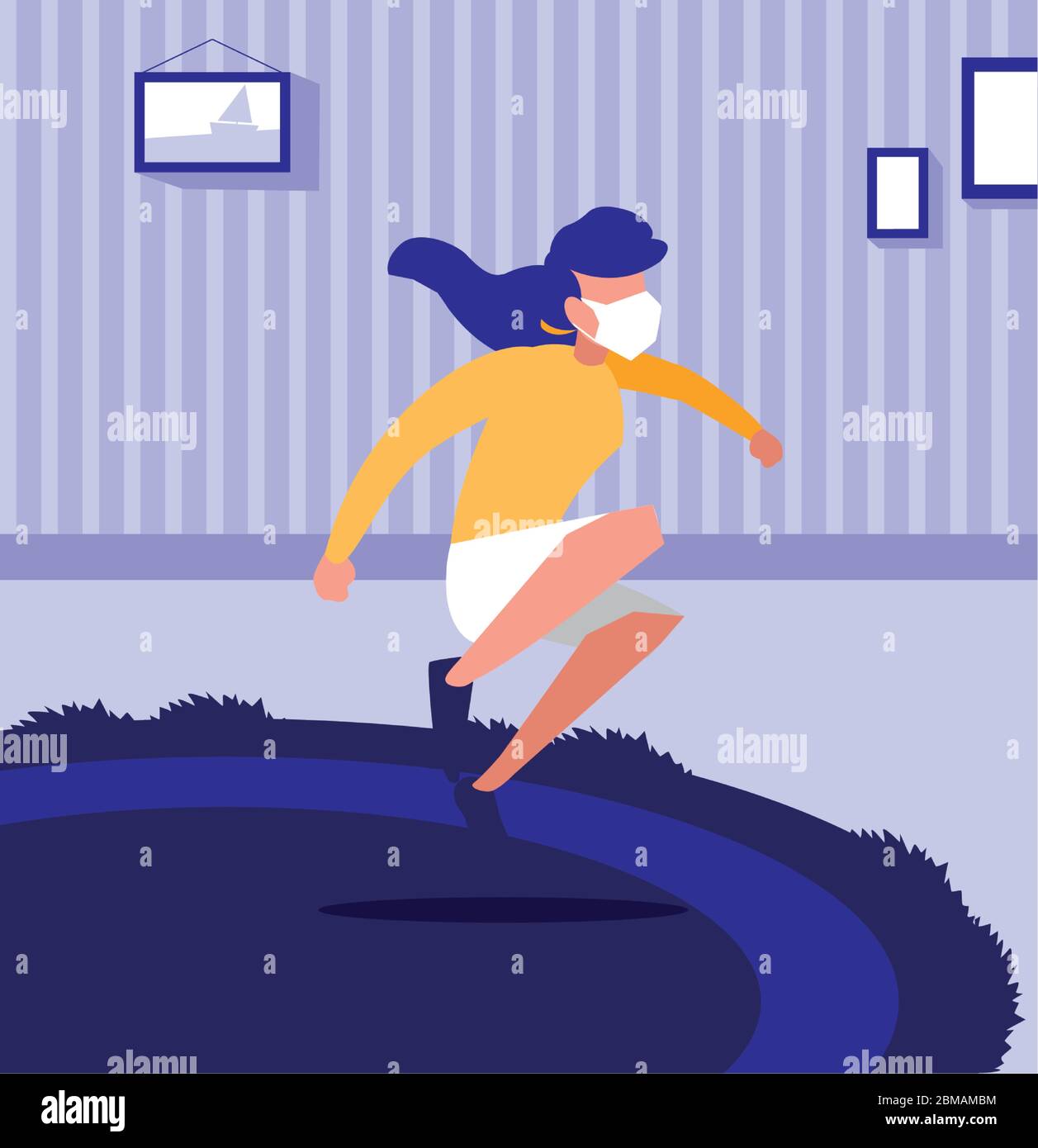 Woman jumping with mask at home design of Covid 19 virus theme Vector ...
