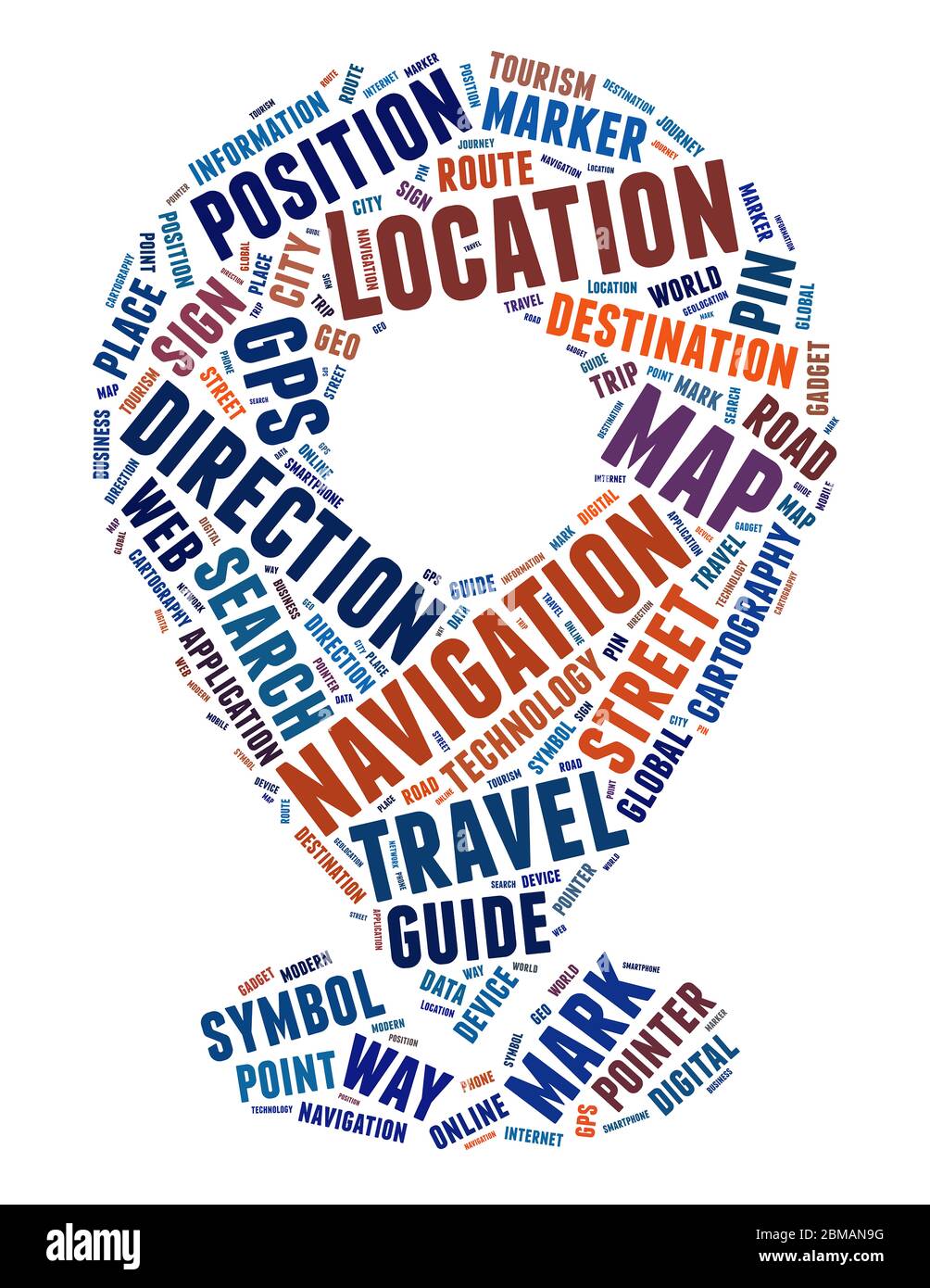 Location shape for navigation and travel word cloud concept on white ...