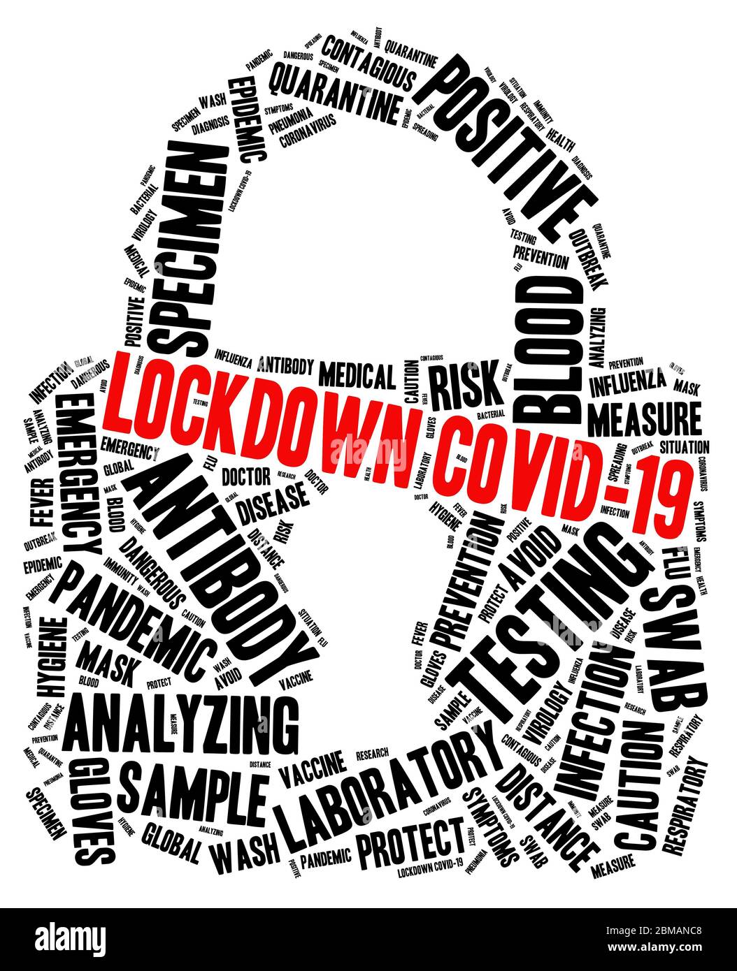 Lockdown Covid-19 padlock shaped word cloud concept on white background ...