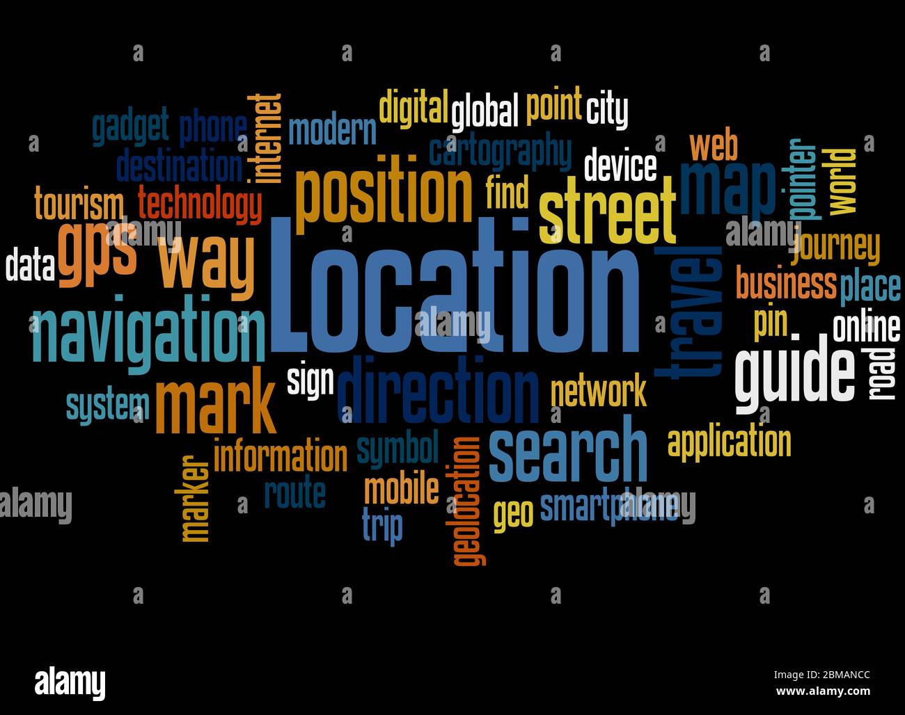 Location word cloud concept on black background Stock Photo - Alamy