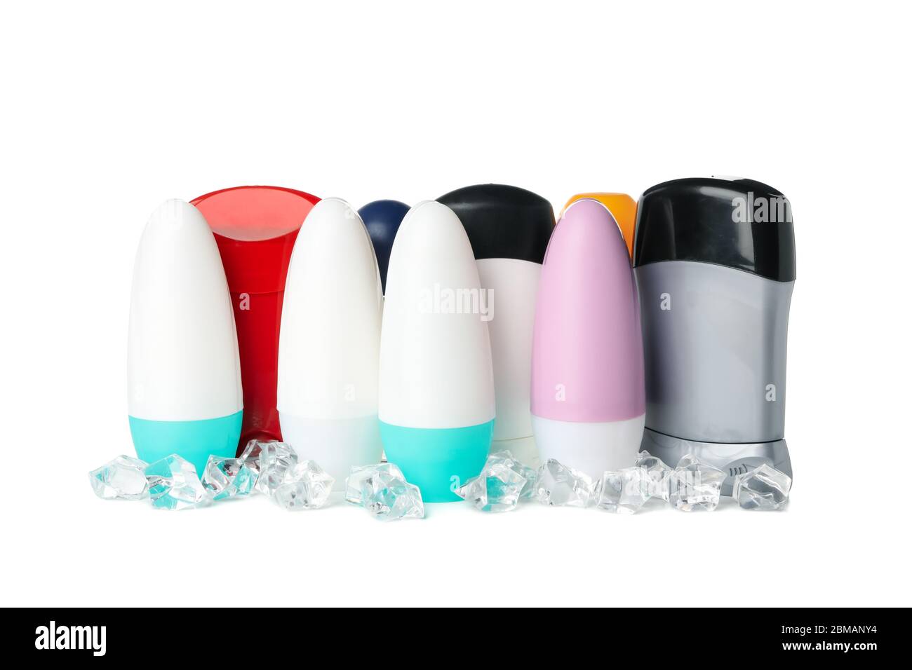 Group of body deodorants and ice isolated on white background Stock ...