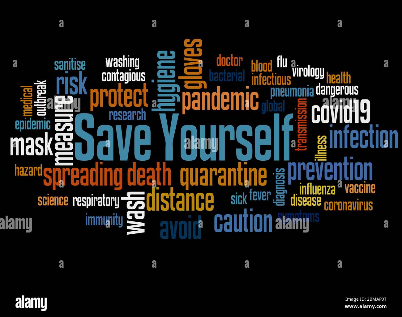 Save yourself word cloud concept on black background Stock Photo - Alamy