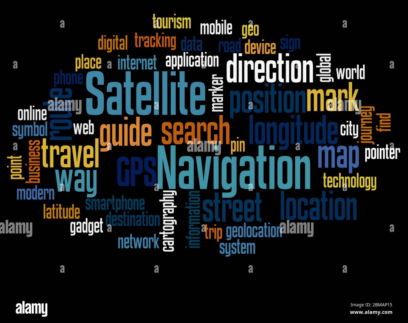 Satellite navigation word cloud concept on black background Stock Photo ...