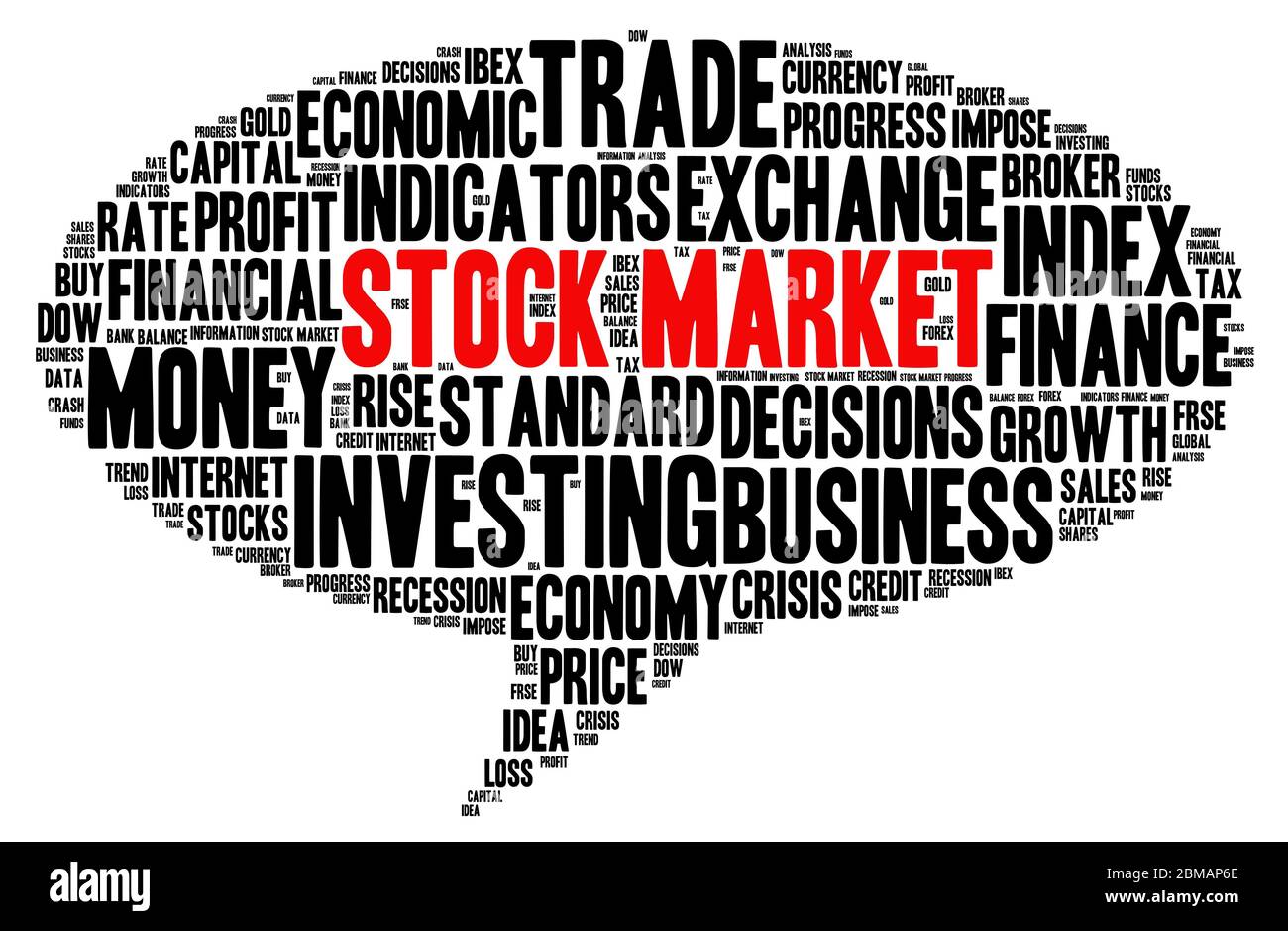 Stock market speech bubble shaped word cloud concept on white ...